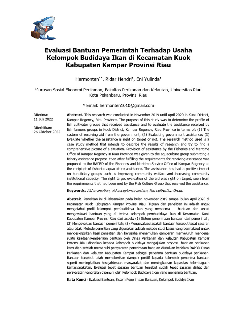 Evaluasi Bantuan Pemerintah Terhadap Usaha Kelompok Budidaya Ikan Di Kecamatan Kuok Kabupaten ...