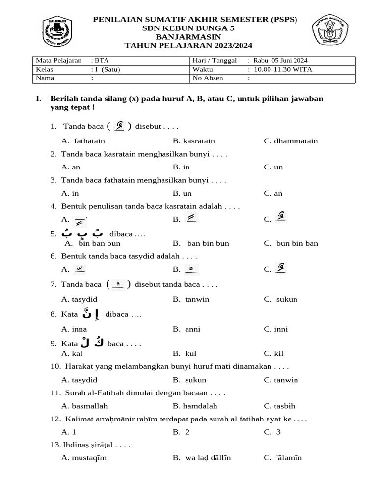 Soal Pat Bta Kelas 1 2023-2024 | PDF