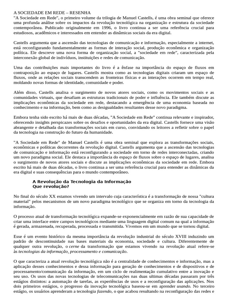 Resenha A Sociedade em Rede | PDF