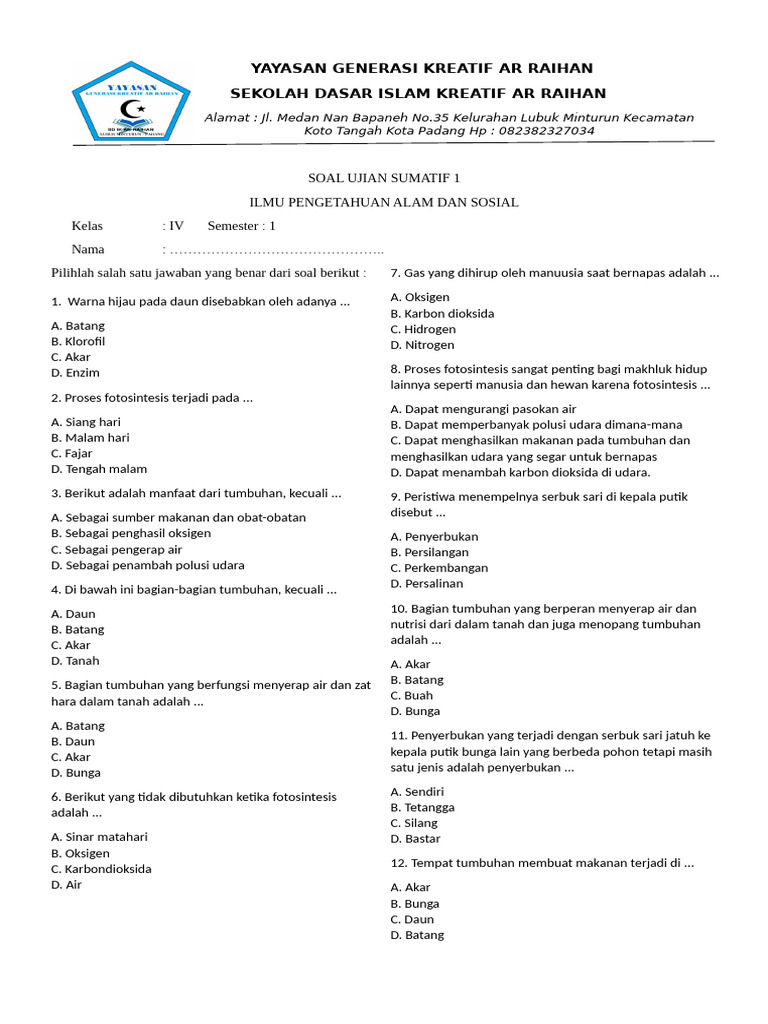 SOAL PH IPAS 1 Kelas 4 Semester 1 | PDF