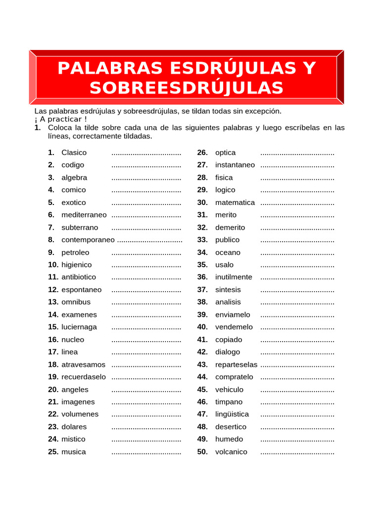 Palabras Esdrujulas y Sobreesdrujulas para Cuarto de Primaria | PDF