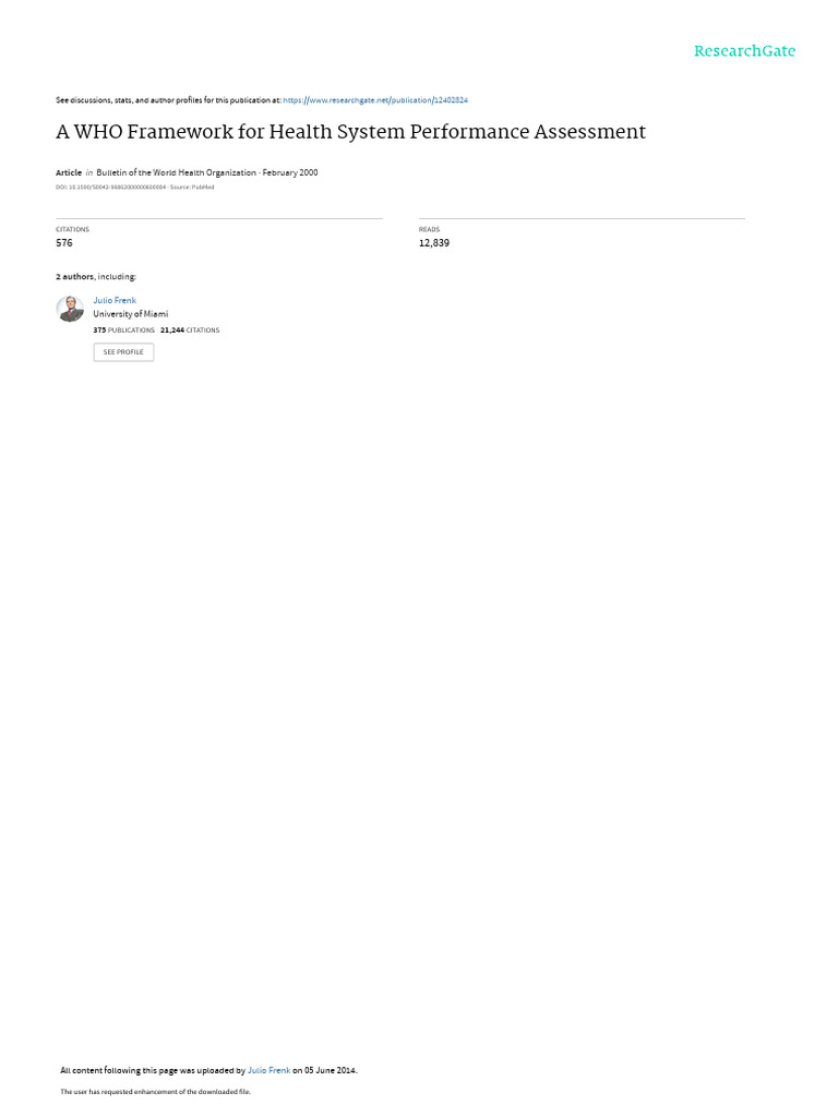 A WHO Framework For Health System Performance Asse | PDF | Goal | System
