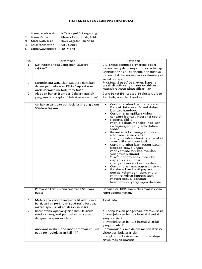 Daftar Pertanyaan Pra Observasi | PDF