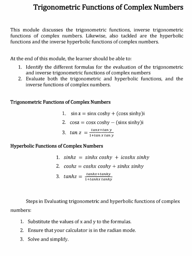 MATH 632 - Advanced Mathematics - Week 4 - Trigonometric Functions of Complex Numbers | PDF
