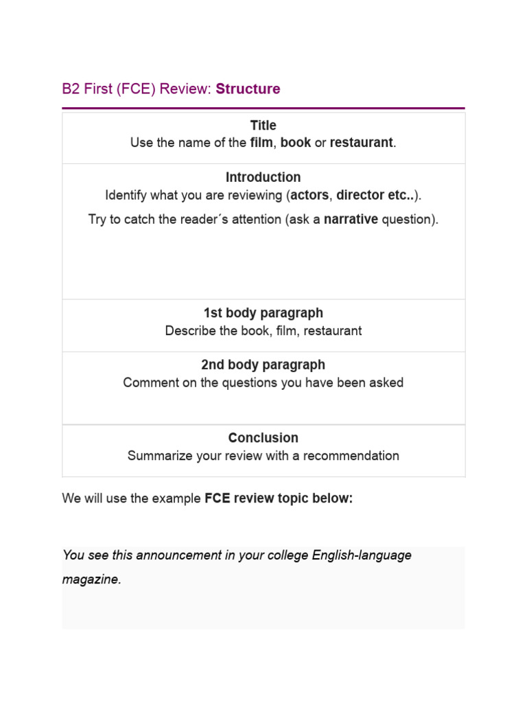 B2 First (FCE) Review - Structure | PDF