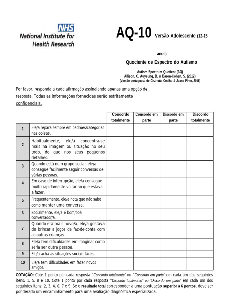 AQ10 - Adolescent - 12-15 Ccom Ponto de Corte | PDF | Autoajuda