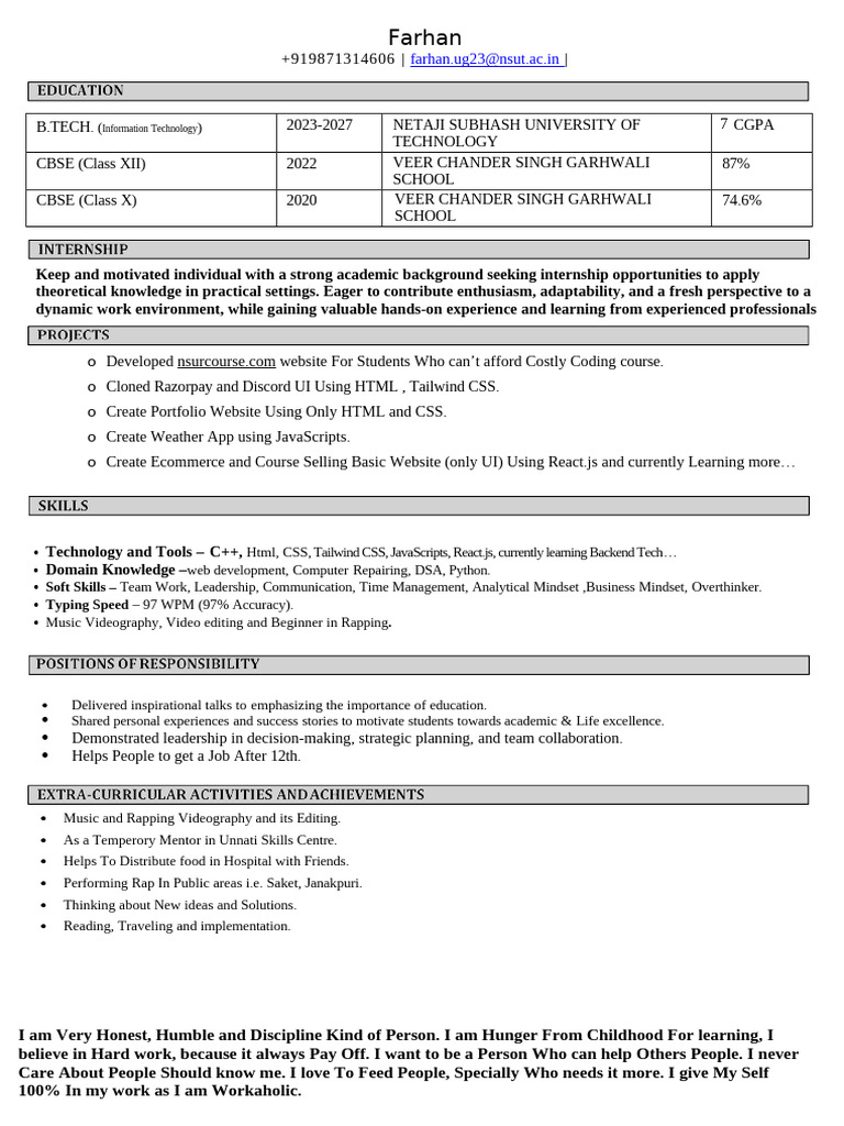 Farhan(NSUT) Resume | PDF