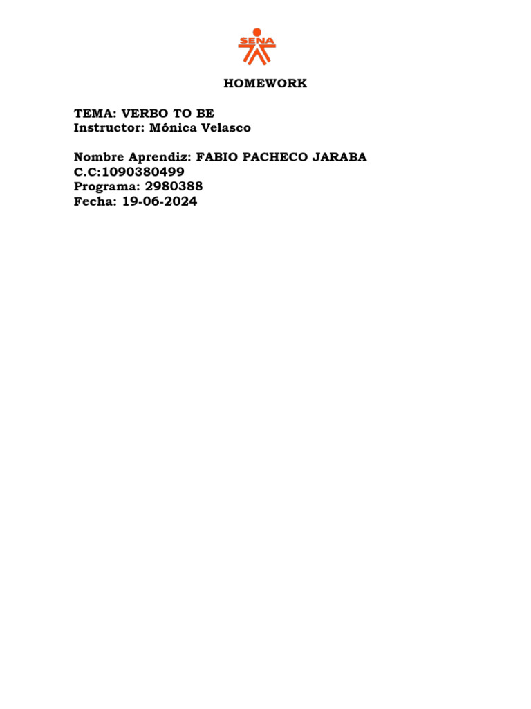 Homework - Verb To Be (1) 19 | PDF