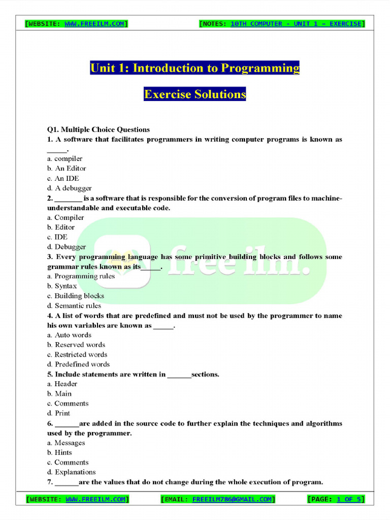 10th Comp CH 1 Exercise | PDF