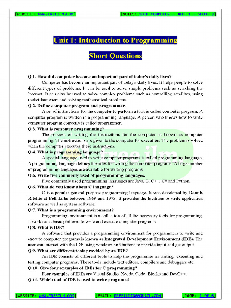 10th Comp CH 1 ShortQ | PDF