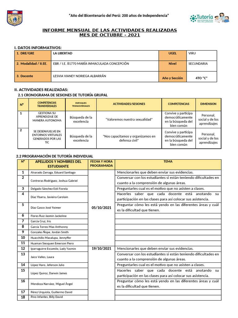 Esquema - Informe Mensual de Tutoria-2023-Octubre | PDF