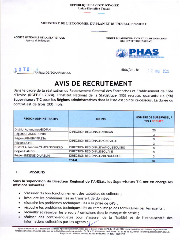 Avis Recrutement Superviseurs Tic Cluster 3 Rgee-Ci 2024 | PDF