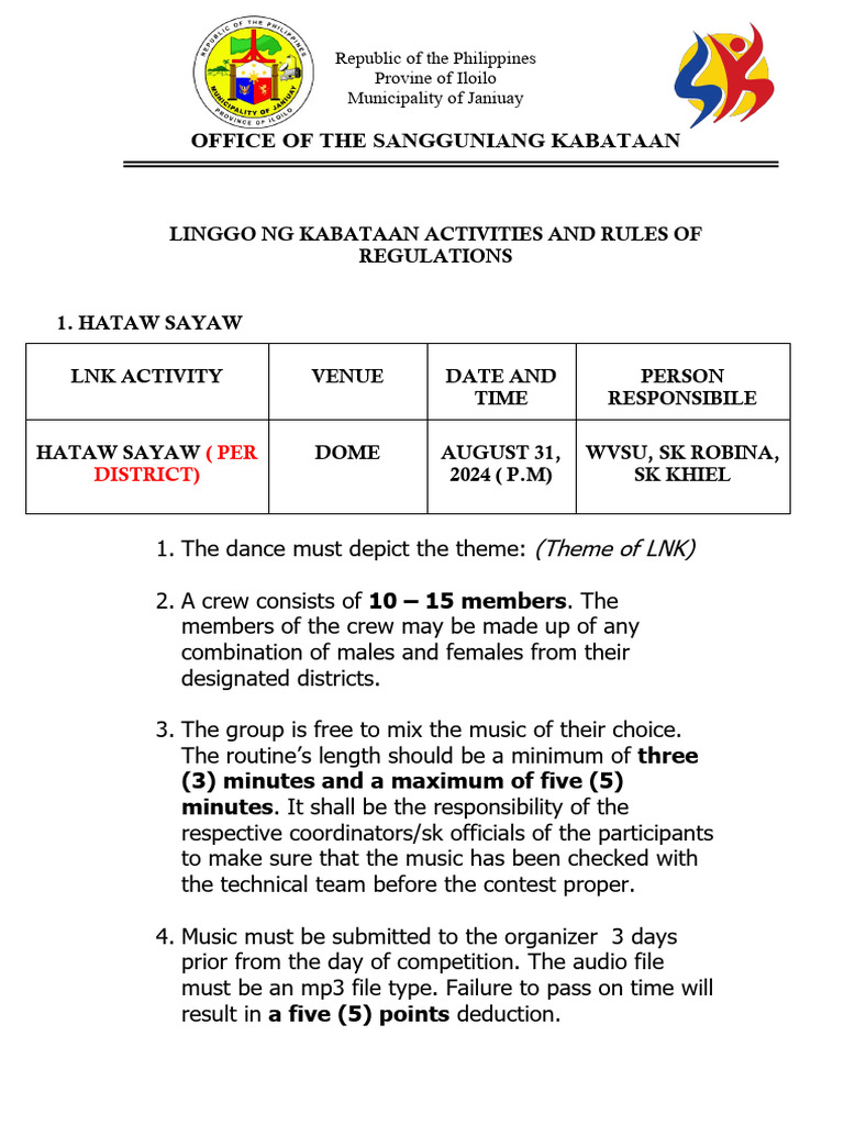 2024 Linggo NG Kabataan Activities and Rules of Regulat | PDF