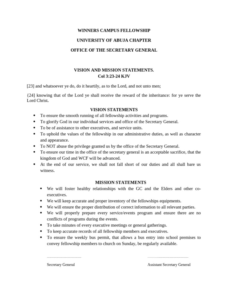 WCF Abuja Chapter Vision & Mission Statements | PDF
