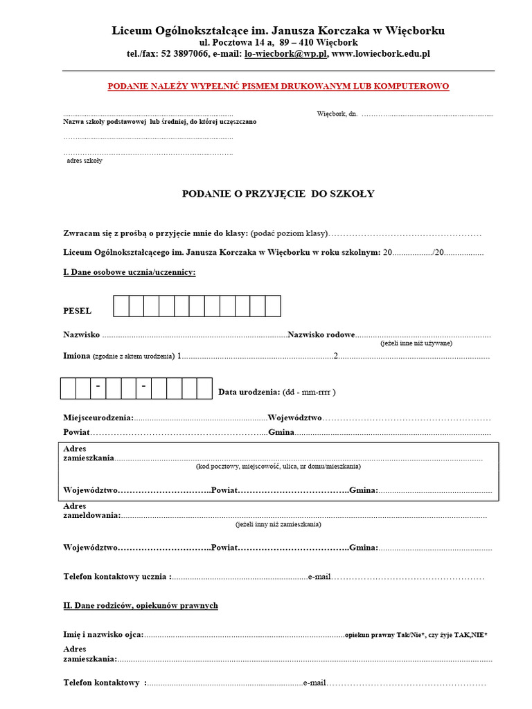Podanie o Przyjęcie Do Szkoły 2024 | PDF