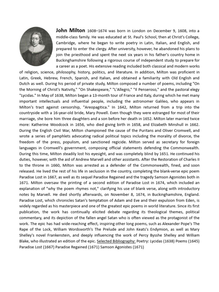 John Milton Biography And Poem Docx 064004 Pdf