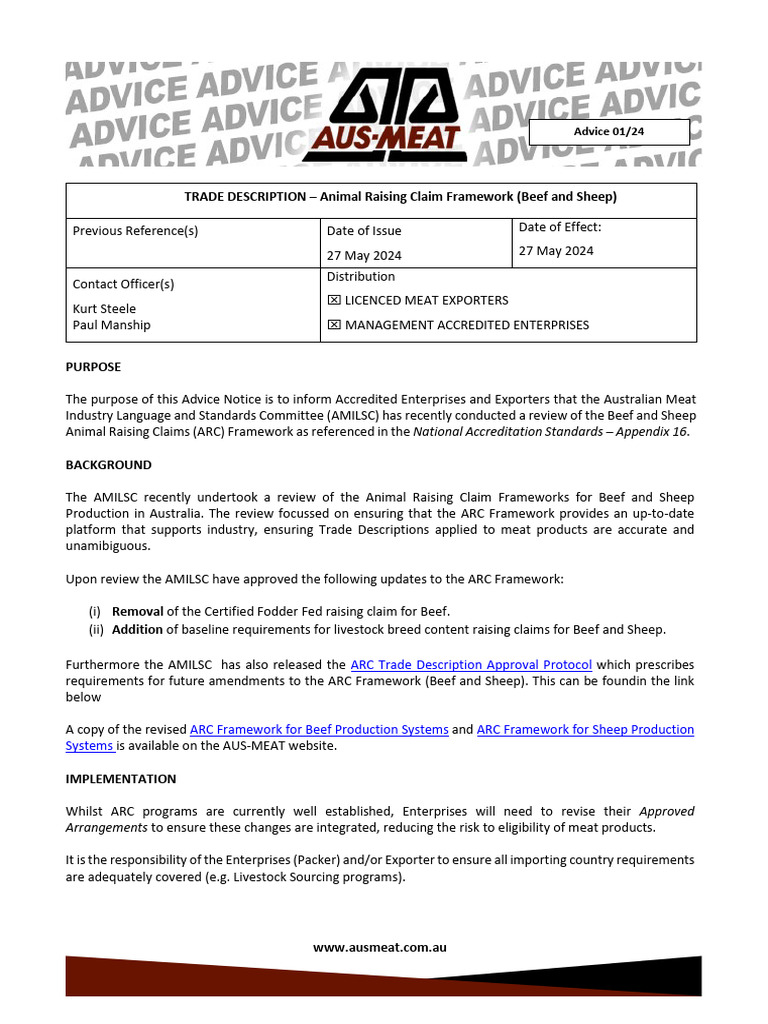 Advice 0124 Animal Raising Claim Framework Update | PDF