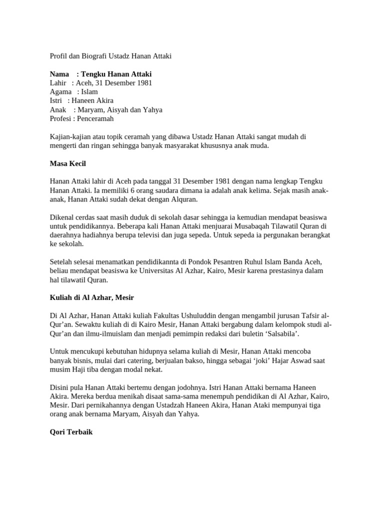 Biografi Ustadz Hanan Attaki | PDF | Quran | Islam