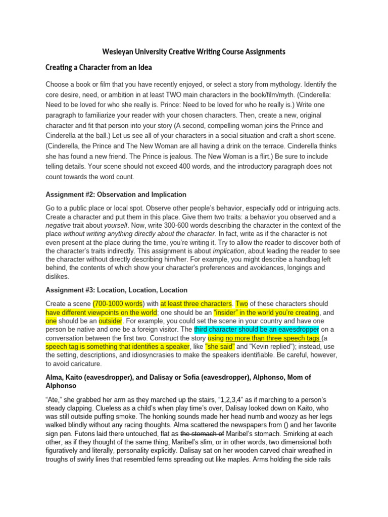 Wesleyan University Creative Writing Course Assignments | PDF