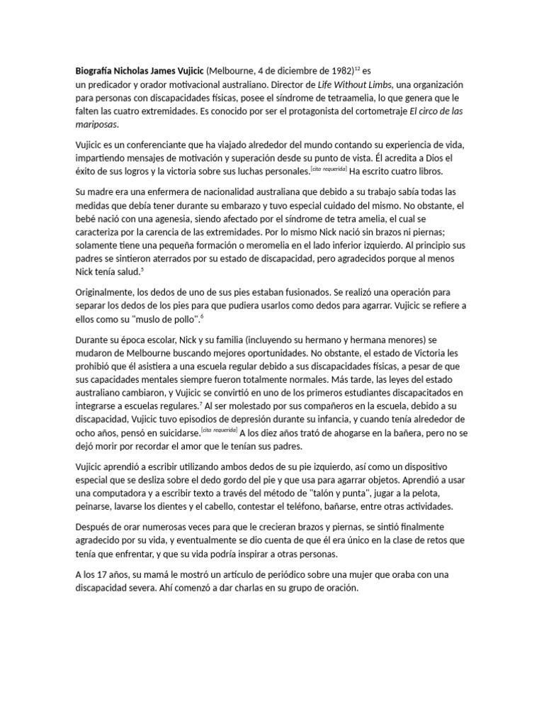 Biografía Nicholas James Vujicic | PDF