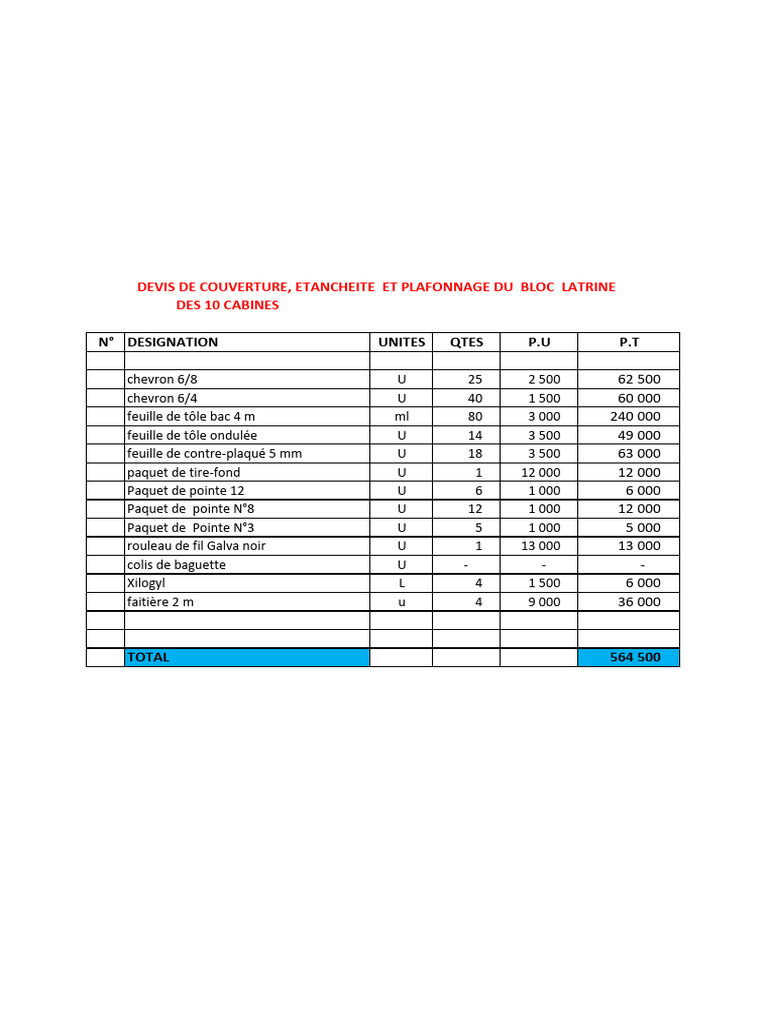 Devis de Couverture, Etancheite, Plafonnage, Plomberie Et Electricite | PDF