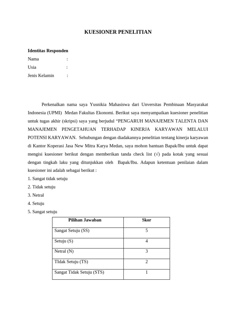 Kuesioner Penelitian Rena | PDF