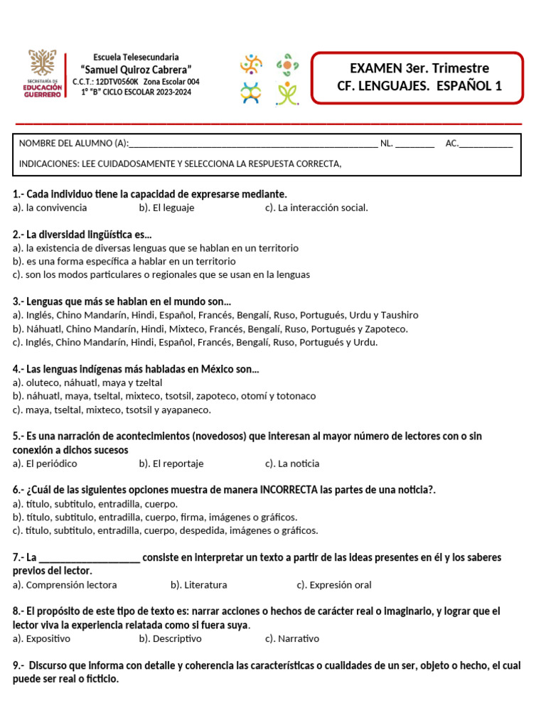 Examen Final. Español1 2024 | PDF