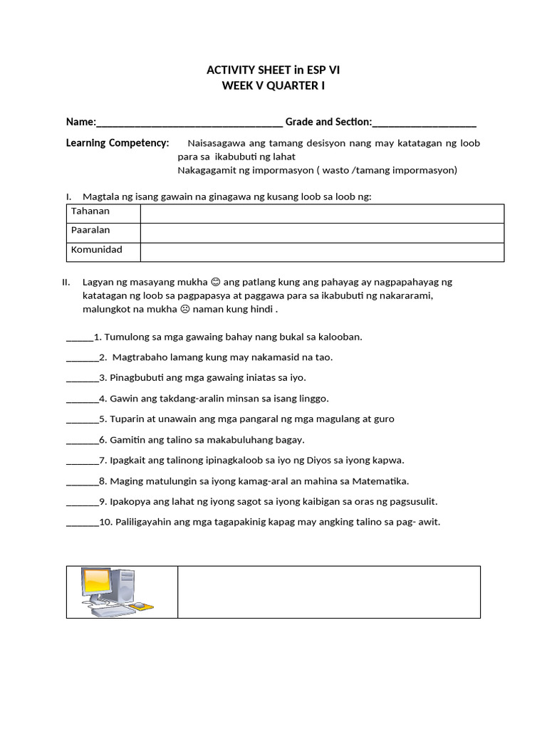 ACTIVITY SHEET in ESP VI | PDF