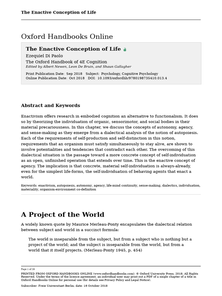 The Enactive Conception of Life. | PDF
