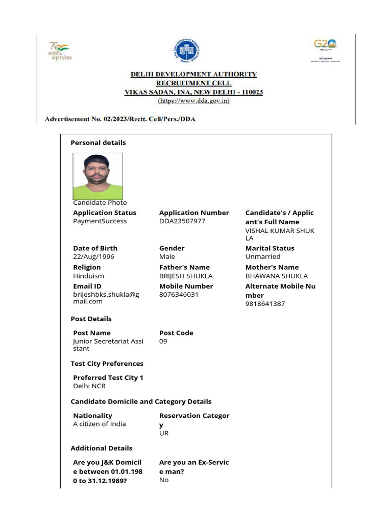 Dda JSA Application Form 2023 | PDF