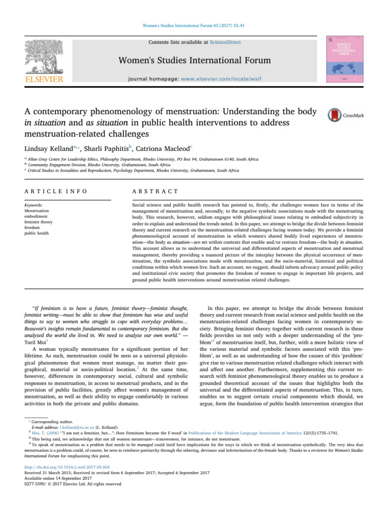 A Contemporary Phenomenology of Menstruation Understanding The Body | PDF