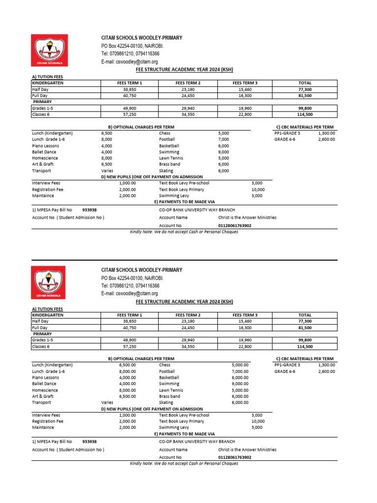 CITAM Schools Woodley Fee Structure 2024 - Term 1 | PDF