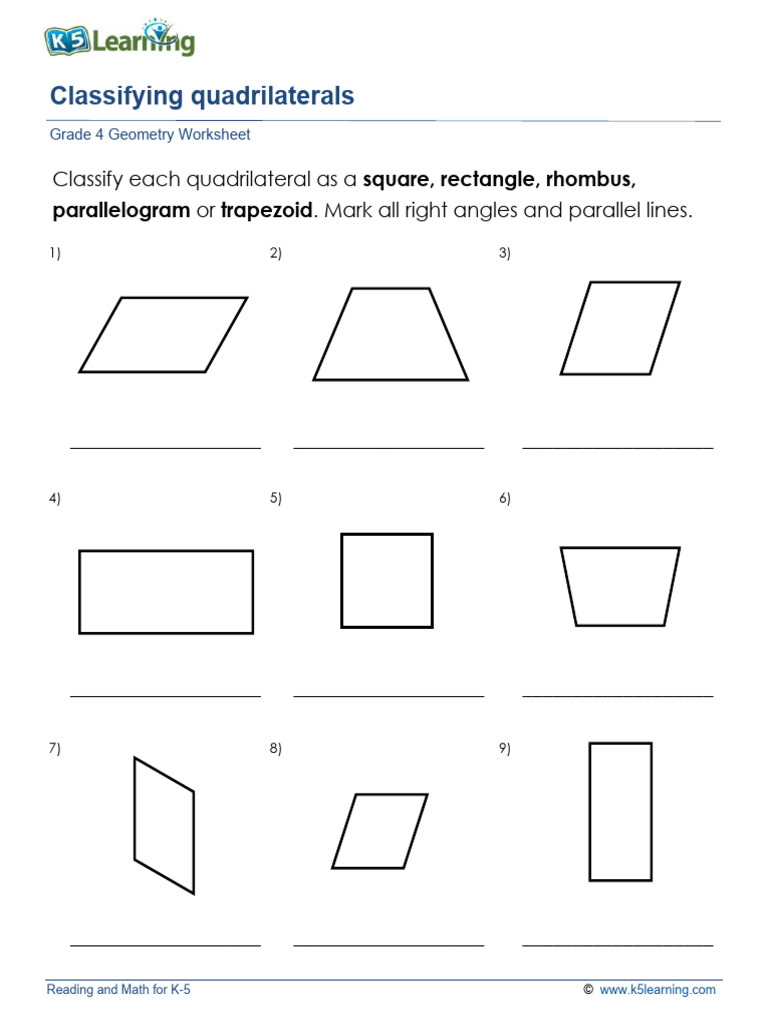 Grade 4 Quadrilaterals Classification Worksheet | PDF