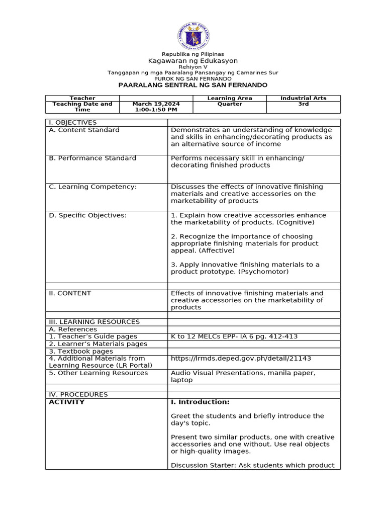 Sample Lesson Plan For Cot 3 - Industrial Arts 6 | PDF