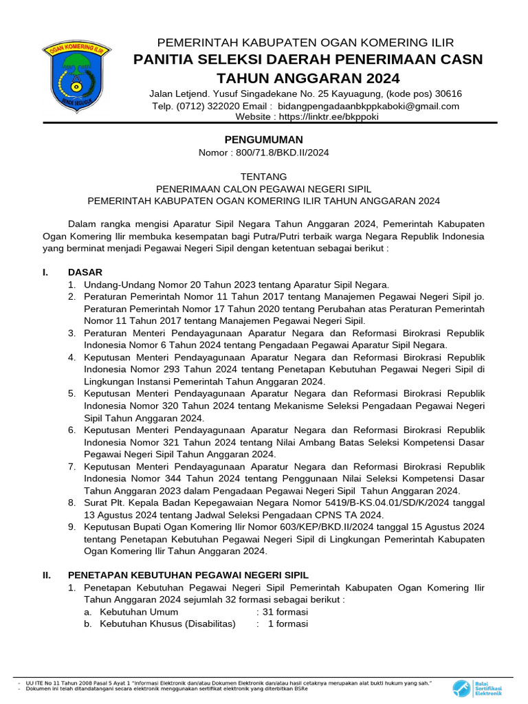 Pengumuman Penerimaan CPNS Pemkab. Ogan Komering Ilir TA. 2024 | PDF