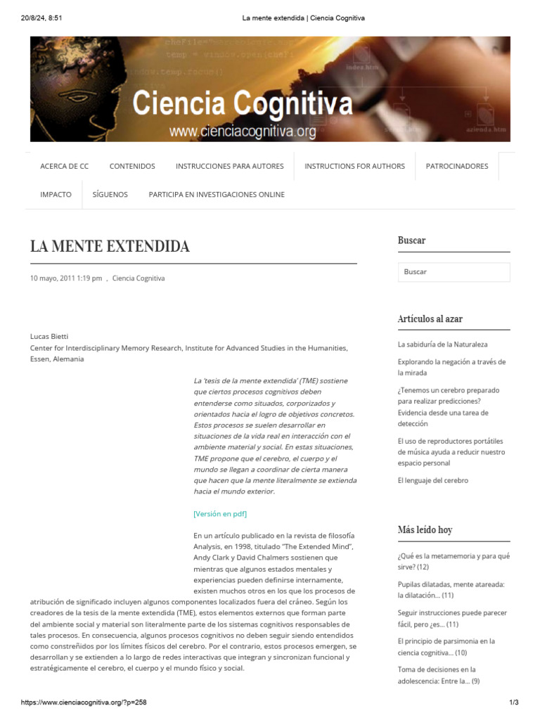 La Mente Extendida - Ciencia Cognitiva | PDF | Mente | Cognición
