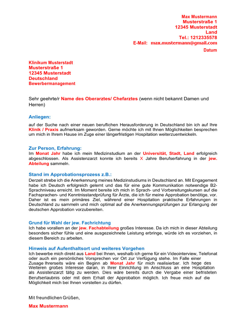 Musteranschreiben Hospitation | PDF