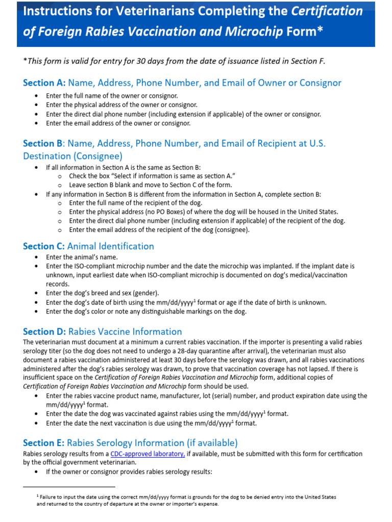 Instructions Veterinarians Completing Certification Foreign Rabies ...