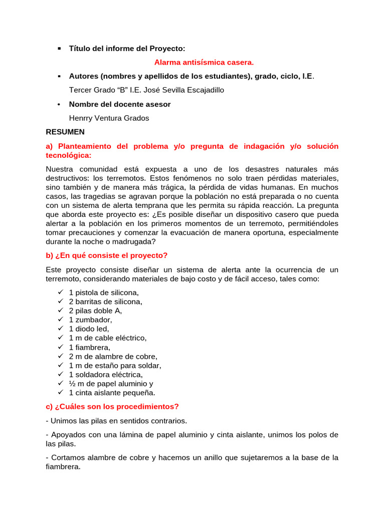 Proyecto Alarma Antisísmica | PDF