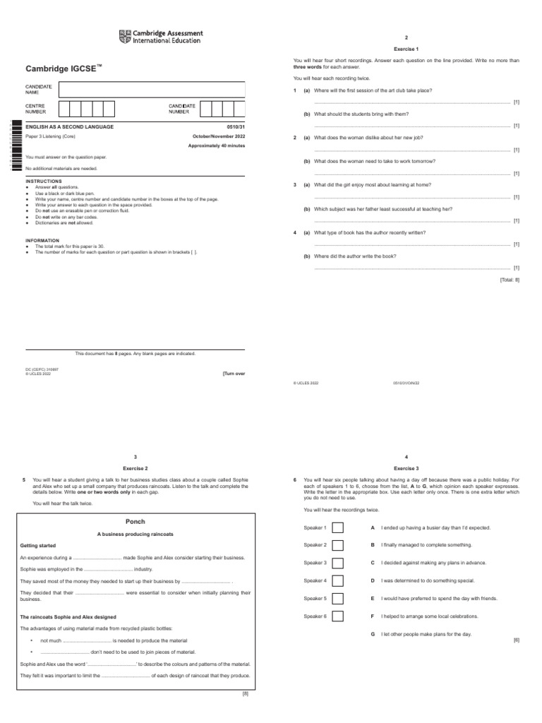 IGCSE Cambridge International English As A Second Language 0510 - 31 Paper 3 Oct - Nov 2022 | PDF