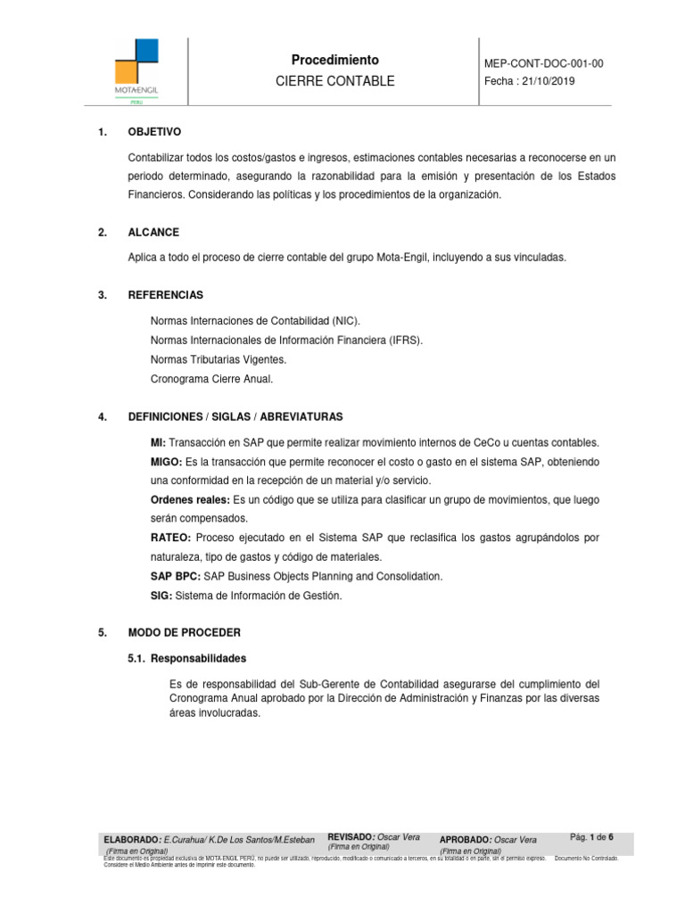 MEP-CONT-DOC-001 Procedimiento Cierre Contable | PDF