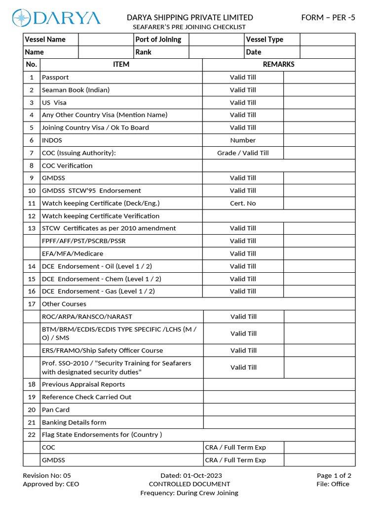 Per - 5 Pre Joining Checklist | PDF