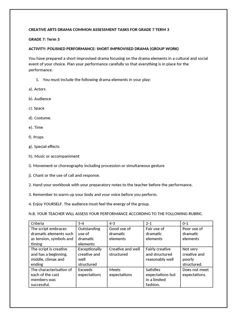 Creative Arts Drama Common Assessment Tasks For Grade 7 Term 3 | PDF