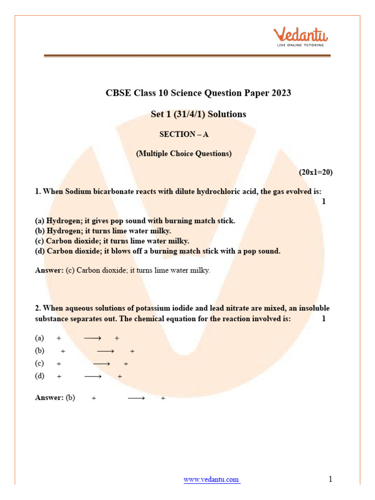 Class 10 Science Set 1 (31!4!1) 2023 Question Paper With Solutions | PDF