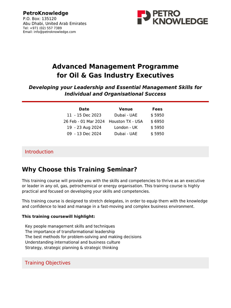 Advanced Management Programme For Oil & Gas Industry Executives - PetroKnowledge | PDF