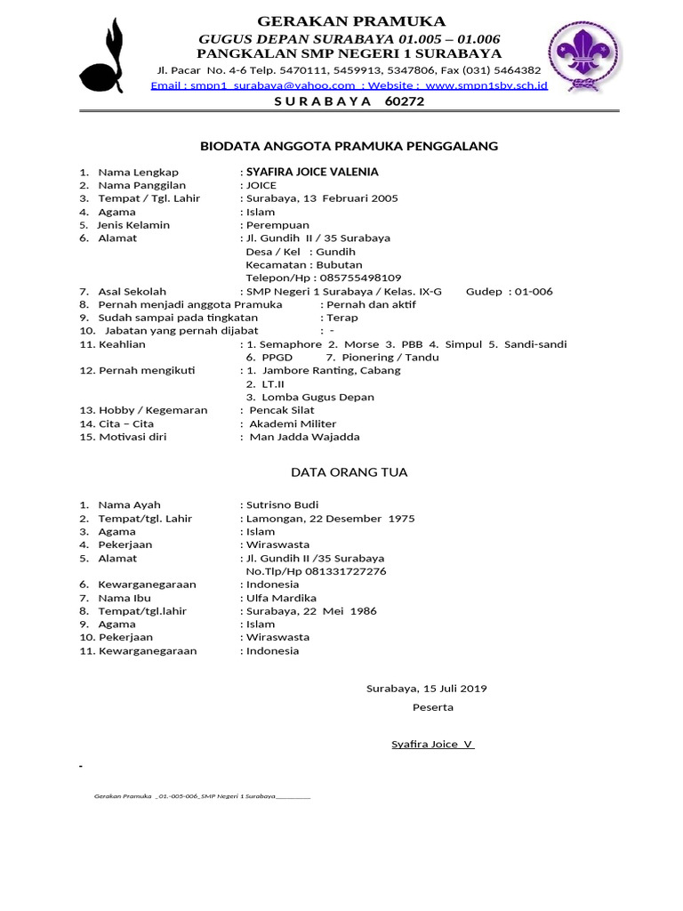 Biodata Pramuka Garuda'2020 | PDF