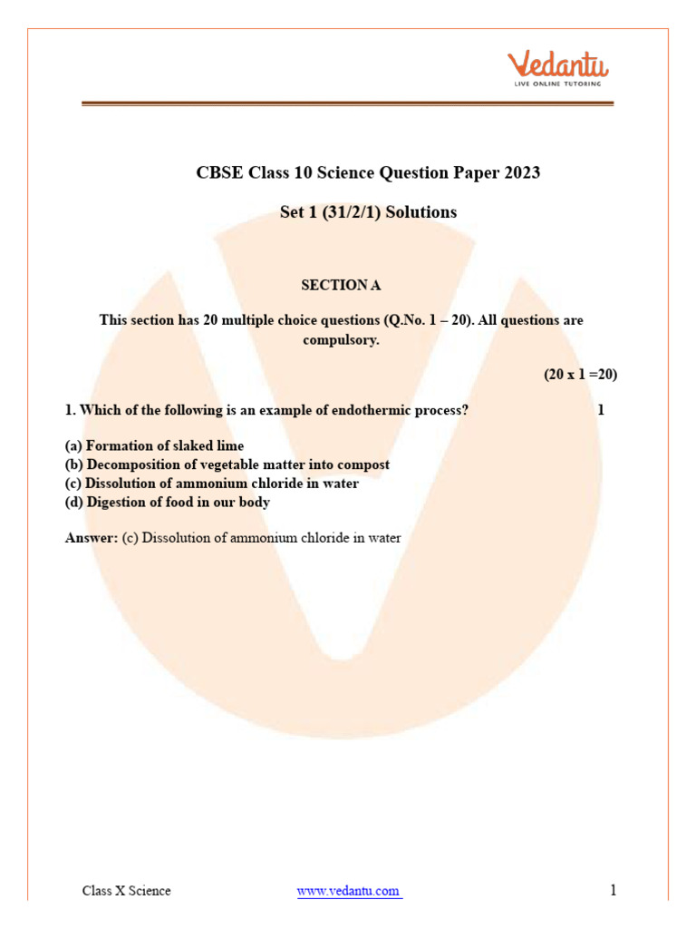 Class 10 Science Set 1 (31 - 2 - 1) 2023 Question Paper With Solutions ...