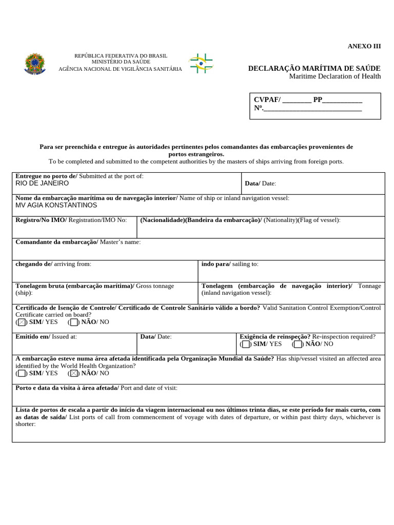 Anexo III - Maritime Declaration of Health | PDF