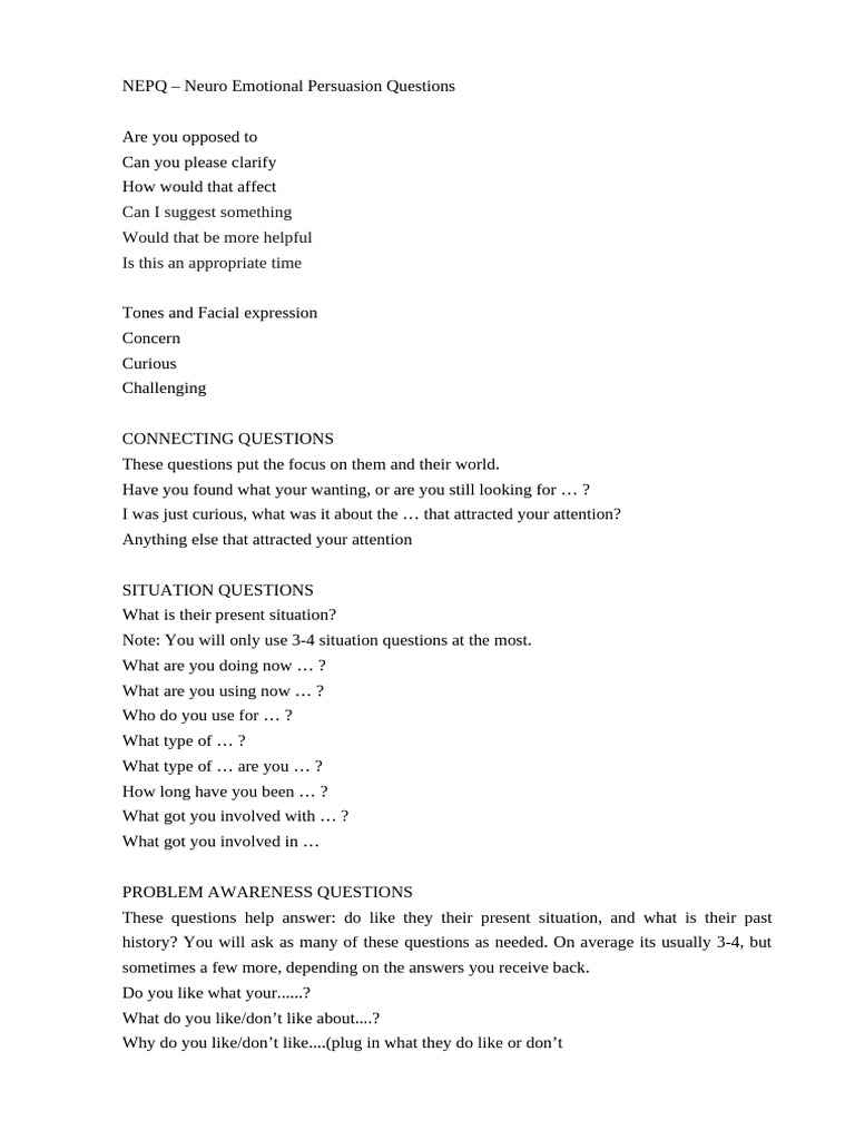 NEPQ Questions and Tones | PDF