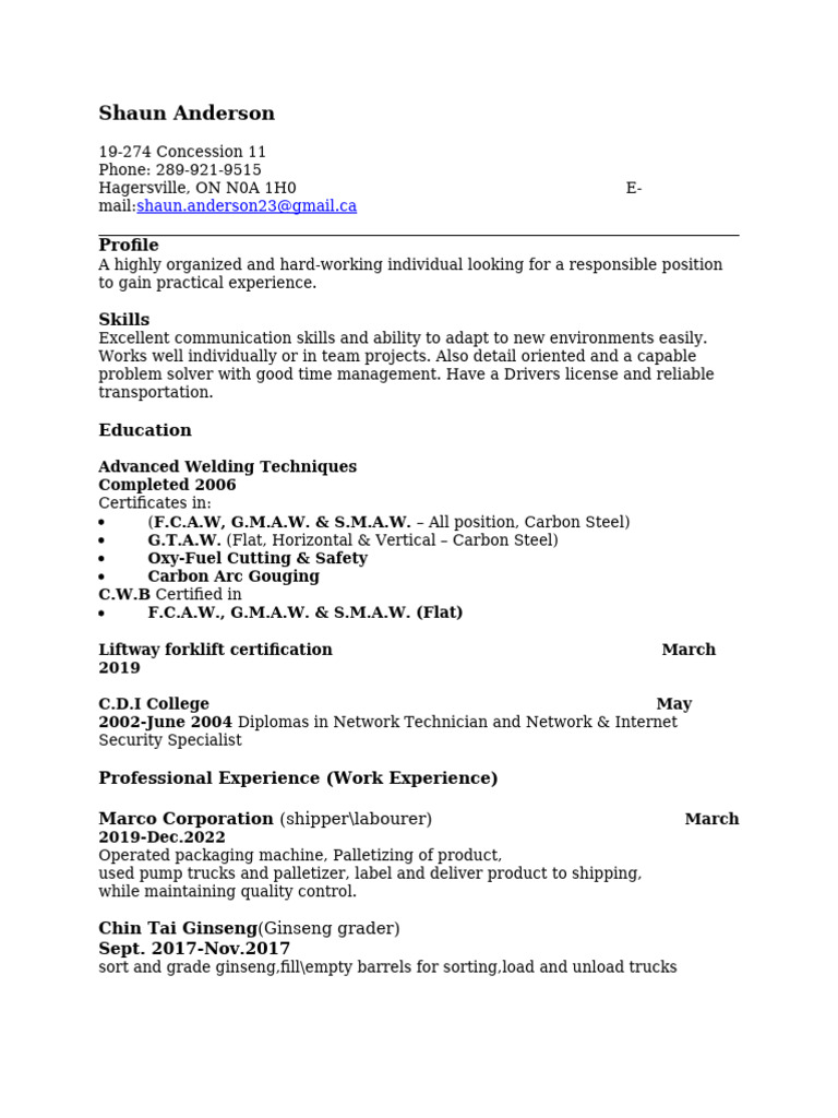 Shaun Anderson Resume 2023 | PDF | Welding | Business